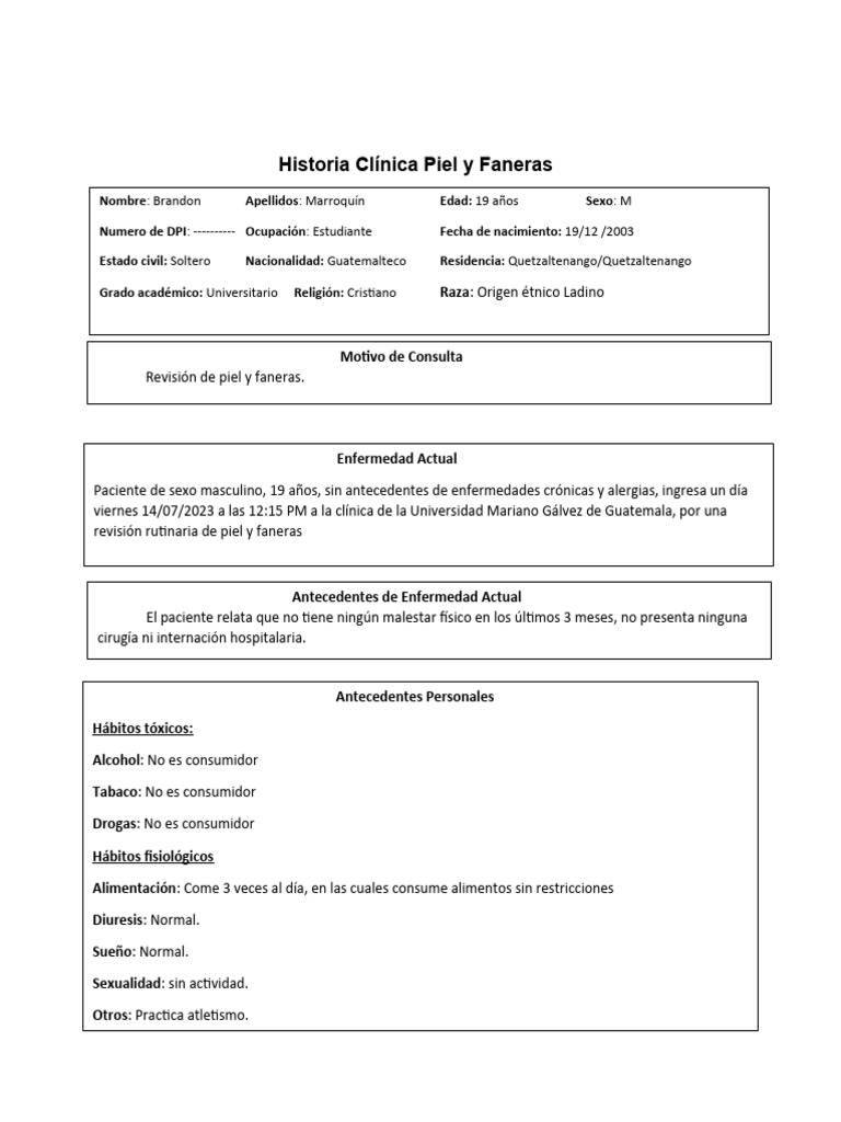 Historia Clínica Piel y Faneras | PDF