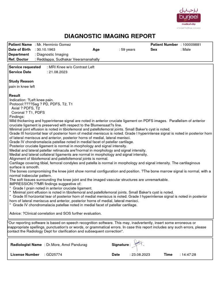 Diagnostic Imaging Report: Patient Name: Mr. Herminio Gomez Age Sex Patient Number: 100009881 ...