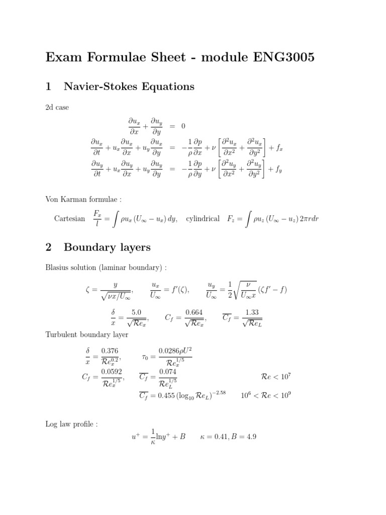 Formula Sheet Exam | PDF | Boundary Layer | Density
