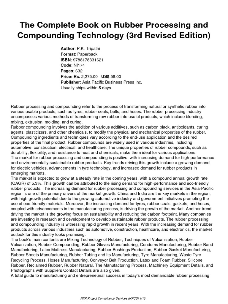 Niir Complete Book On Rubber Processing Compounding Technology With Machinery Details 2nd ...