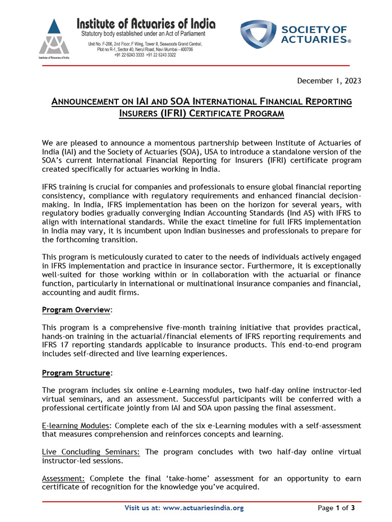 Announcement On IAI-SOA IFRI Certificate Program | PDF | Actuary | Accounting
