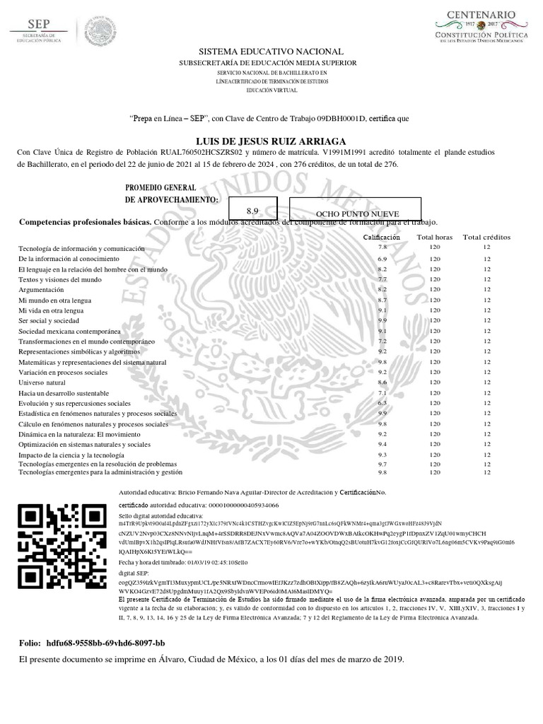 Certificado Prepa en Línea SEP 2024 | PDF | Plan de estudios