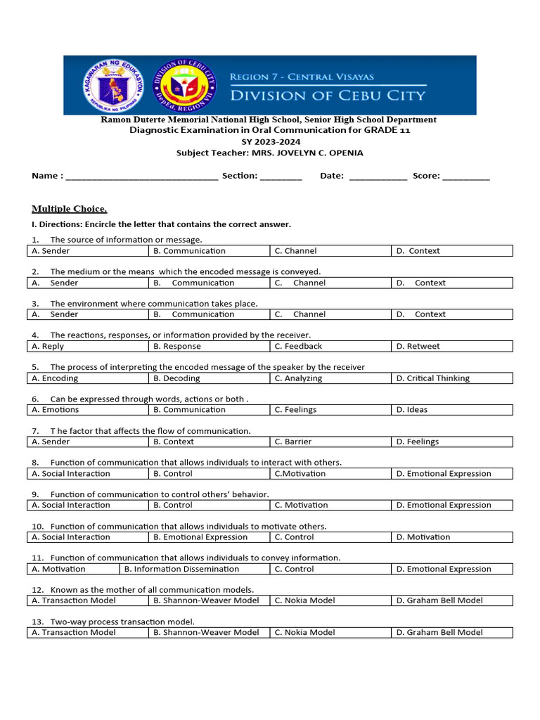 Diagnostic Test Oral Comm | PDF