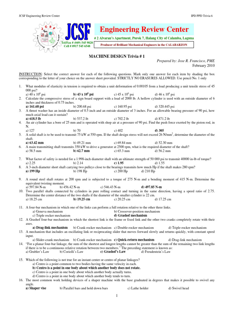 Machine Design Trivia Exams Solutions Answers 1 - 1 | PDF | Bearing ...