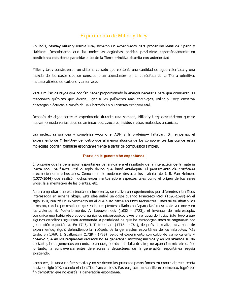Experimento de Miller y Urey 1953 | PDF
