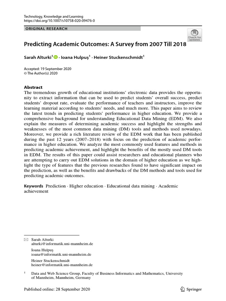 Predicting Academic Outcomes - A Survey From 2007 Till 2018 | PDF