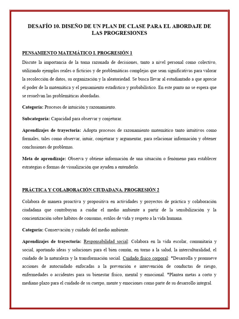 Desafío 10. Diseño de Un Plan de Clase para El Abordaje de Las Progresiones | PDF | Evaluación ...