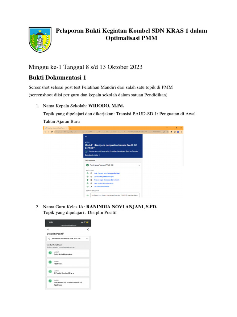 Laporan PMM Minggu Ke-1 14 Oktober 2023 SDN KRAS 1 | PDF