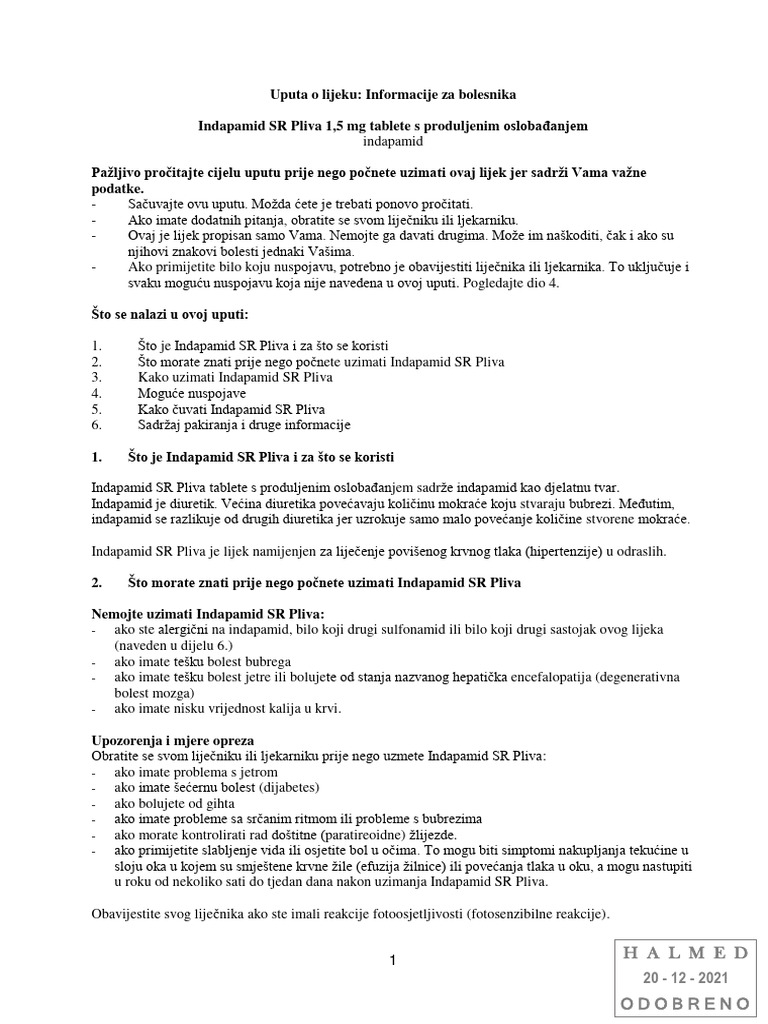 Indapamid SR Pliva 15 MG Tablete S Produljenim Oslobadjanjem PIL | PDF