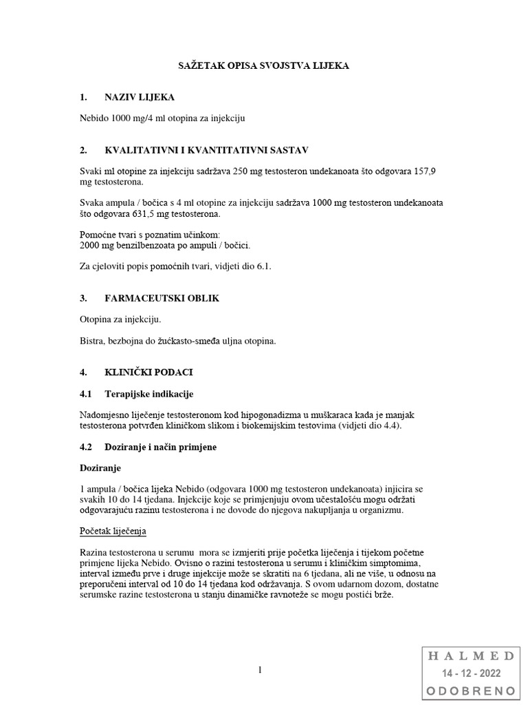 Nebido 1000 Mg 4 Ml Otopina Za Injekciju SmPC | PDF Nebido 1000 Mg 4 Ml Otopina Za Injekciju SmPC | PDF