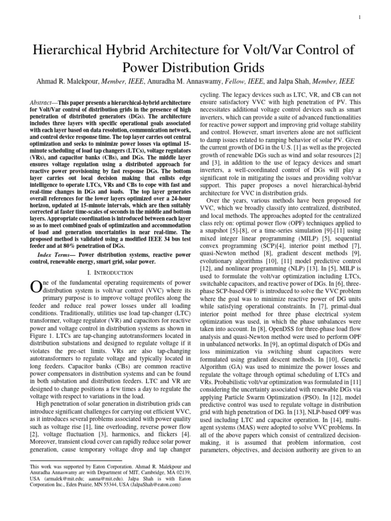 Hierarchical Hybrid Architecture For Volt Var Control Of Power Distribution Grids Pdf