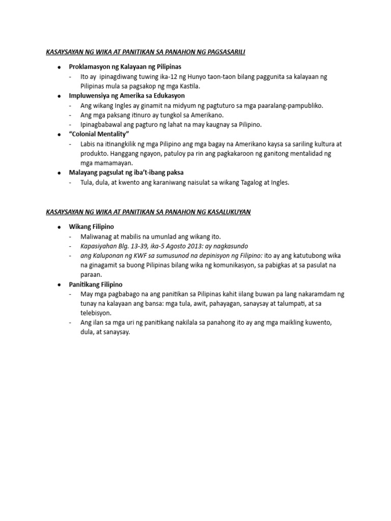 KASAYSAYAN NG WIKA AT PANITIKAN SA PANAHON NG PAGSASARILI | PDF