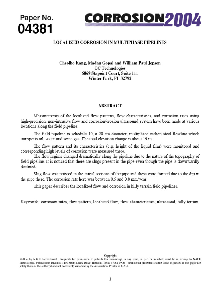 Localized corrosion in multiphase pipelines@NACE-04381 | PDF | Fluid Dynamics | Corrosion