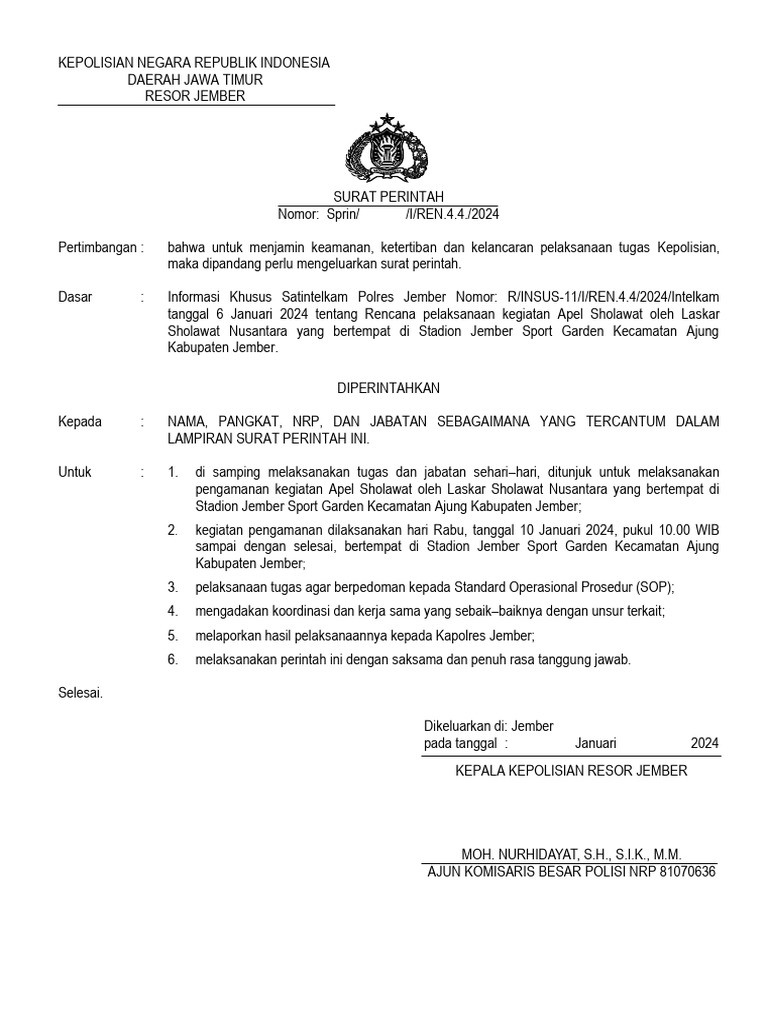 Sprin Pam Sholawat Di JSG, 10 Jan 2024 Ok | PDF