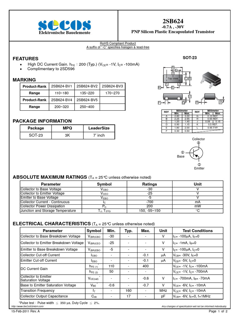 2SB624 | PDF | Bipolar Junction Transistor | Electronic Circuits