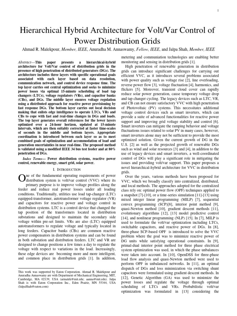 Hierarchical Hybrid Architecture For Volt Var Control of Power Distribution Grids | PDF