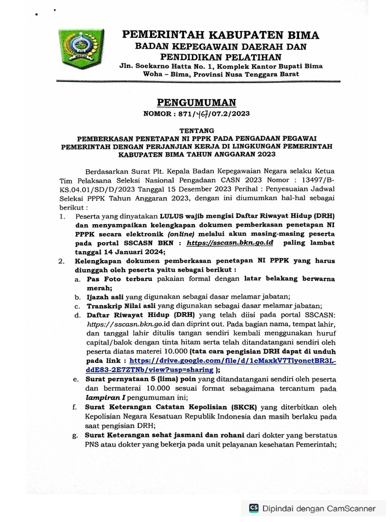 Pengumuman Pemberkasan Penetapan Ni PPPK Pada Pengadaan PPPK Di Lingkungan Pemerintah Kab. Bima ...