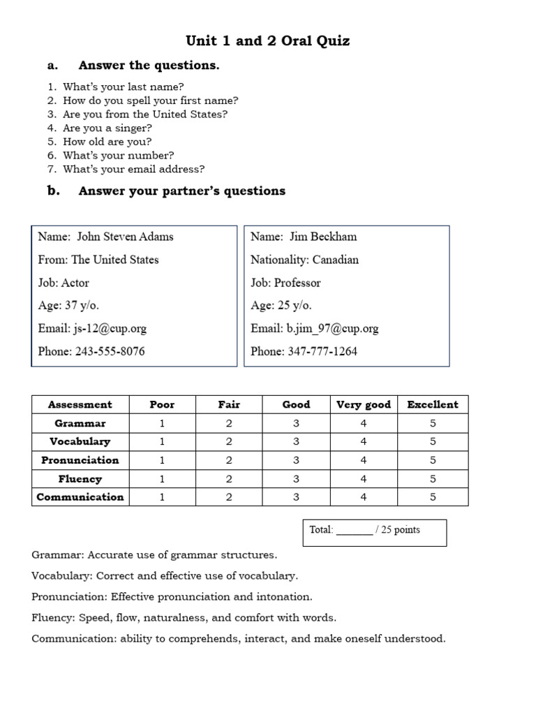 ESL Oral Quiz Assessment | PDF