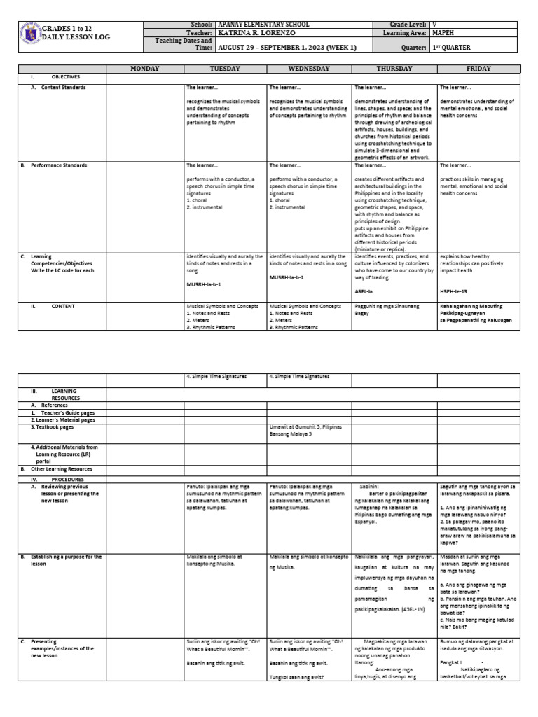 DLL - Mapeh 5 - Q1 - W1 | PDF