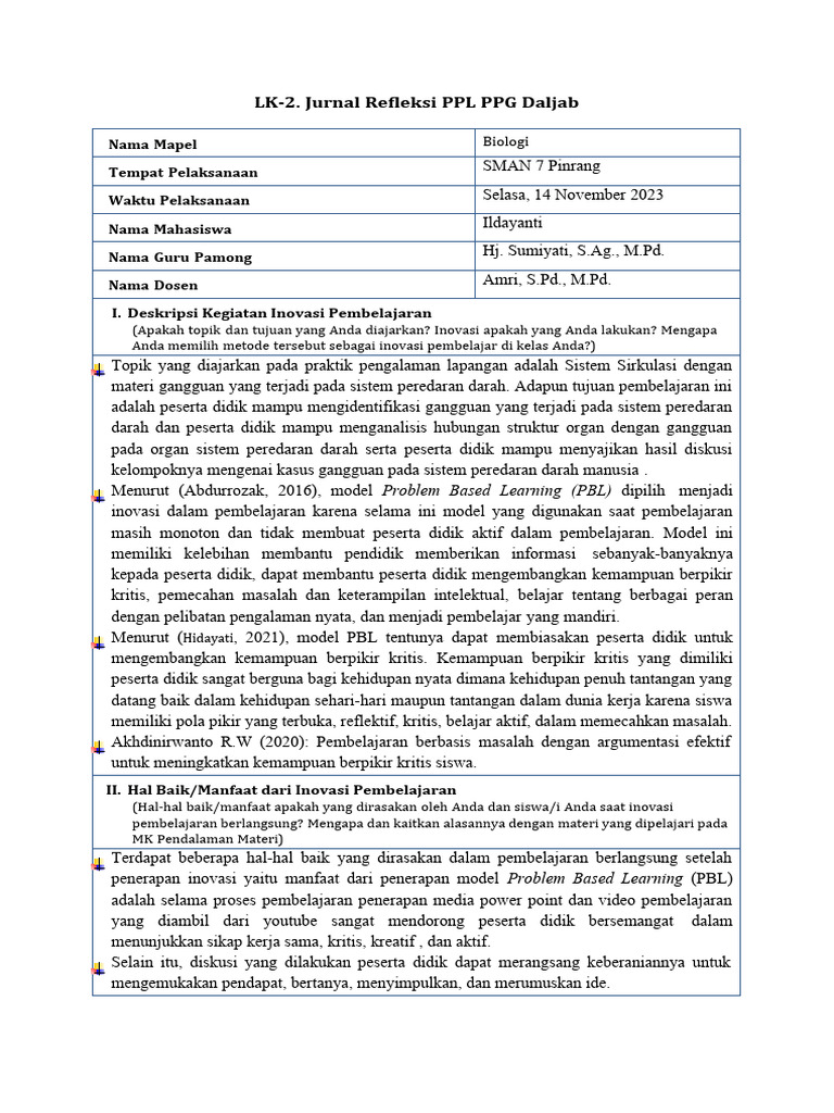 LK-2 JURNAL REFLEKSI PPL PPG DALJAB - Contoh | PDF