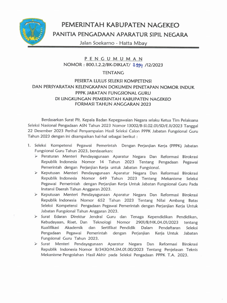Pengumuman Seleksi Kompetensi Dan Pemberkasan Penetapan NI PPPK Guru | PDF
