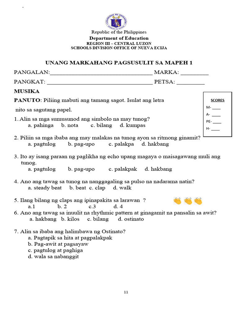 Grade 1-1st-Quarter-Mapeh-Periodical Test | PDF