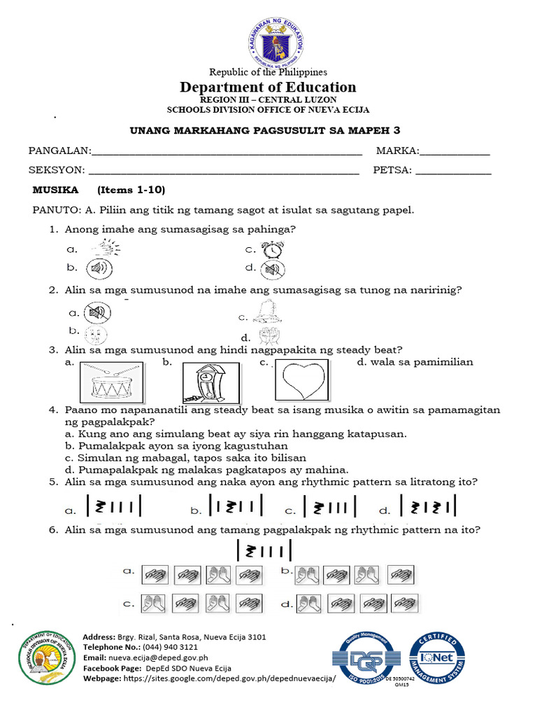 Grade 3 1st Quarter Mapeh PT | PDF