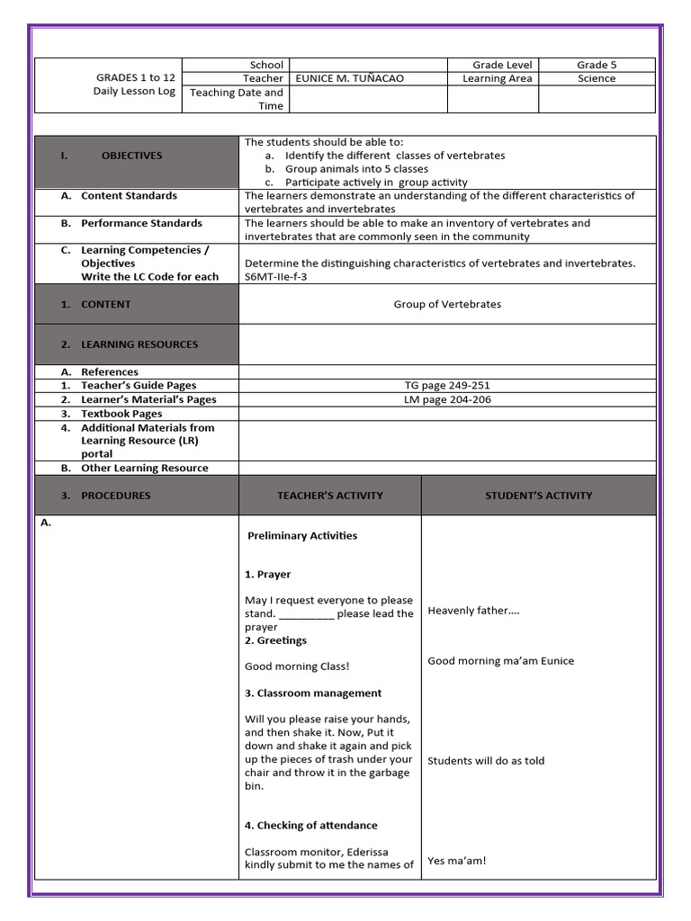 Eunice M. Tunacao LP Vertebrates | PDF | Amphibian | Learning