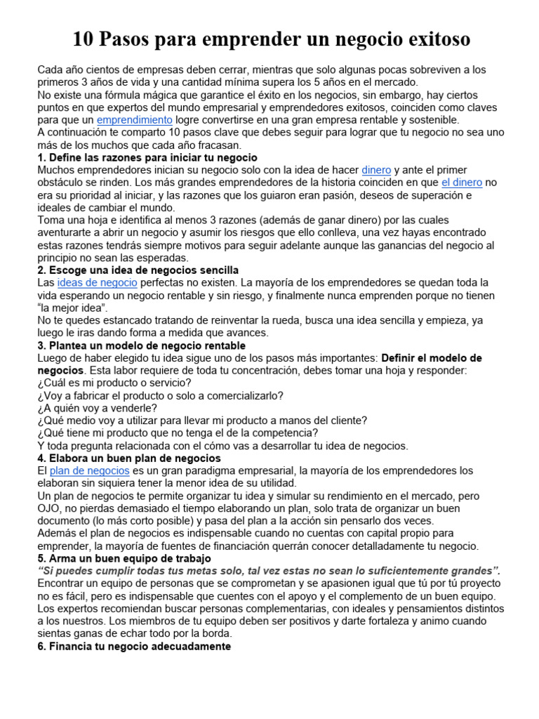 10 Pasos para Emprender Un Negocio Exitoso | PDF