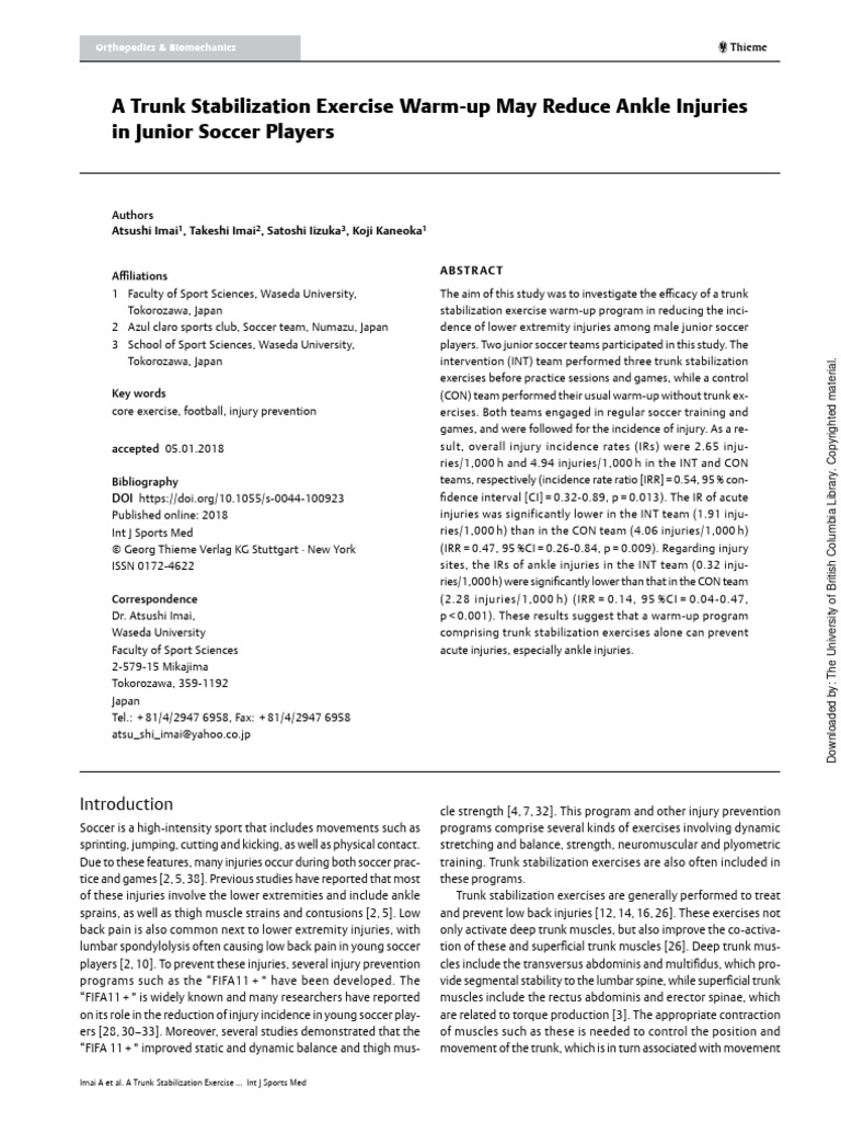 A Trunk Stabilization Exercise Warm-Up May Reduce Ankle Injuries | PDF