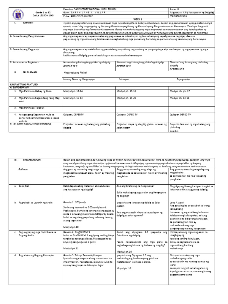 Week 1 Ap 8 DLL | PDF