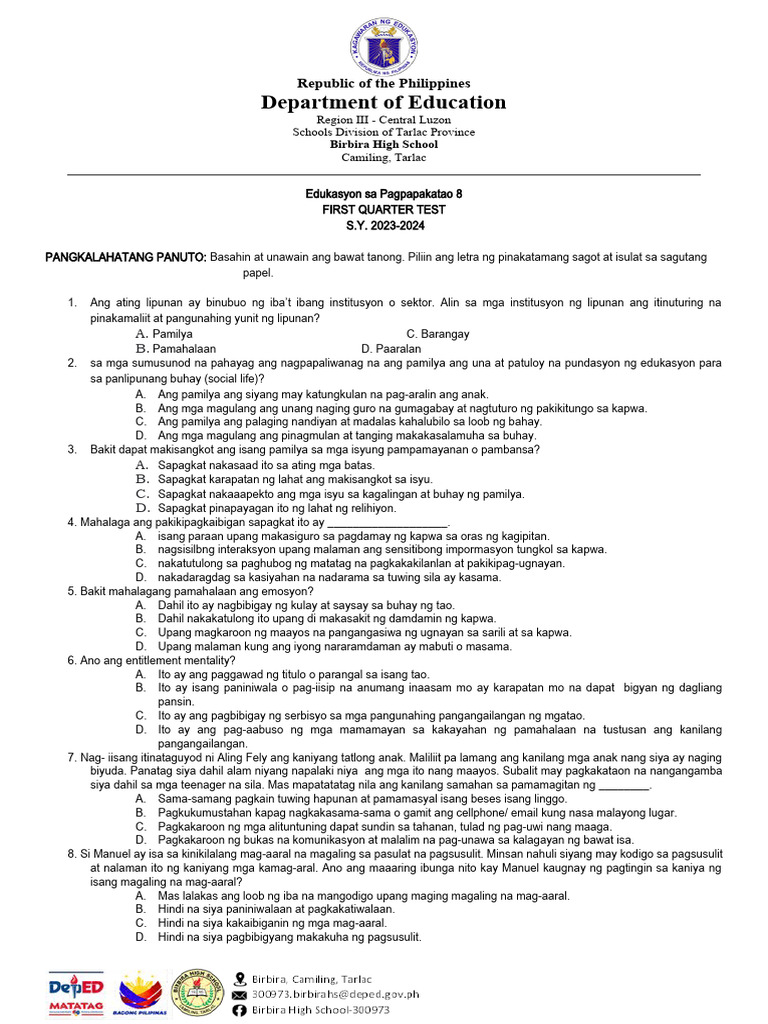 Esp8 First Periodical Test Sy23 24 | PDF