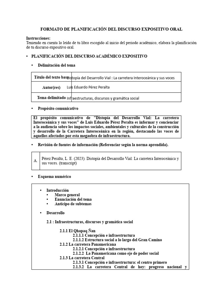 Formato de Planificación Del Discurso Expositivo Oral | PDF