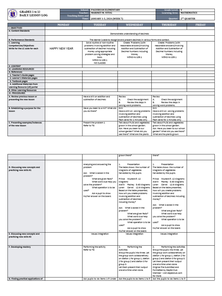 DLL Mathematics 5 q2 w7 | PDF