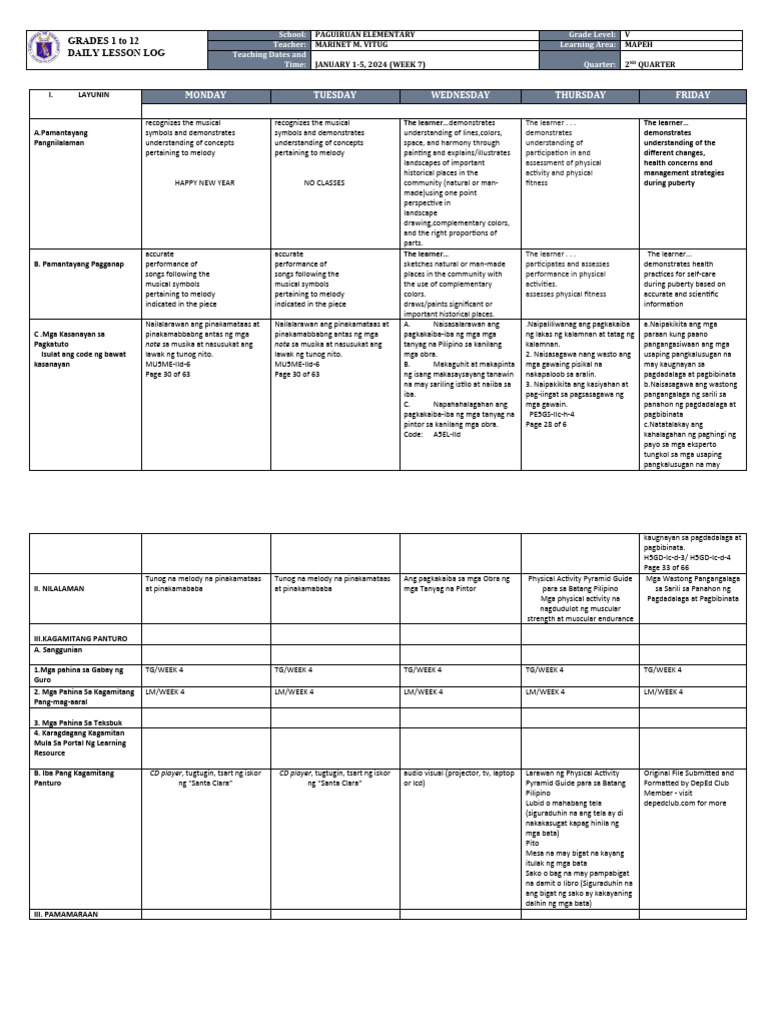 DLL - Mapeh 5 - Q2 - W7 | PDF | Learning | Behavior Modification