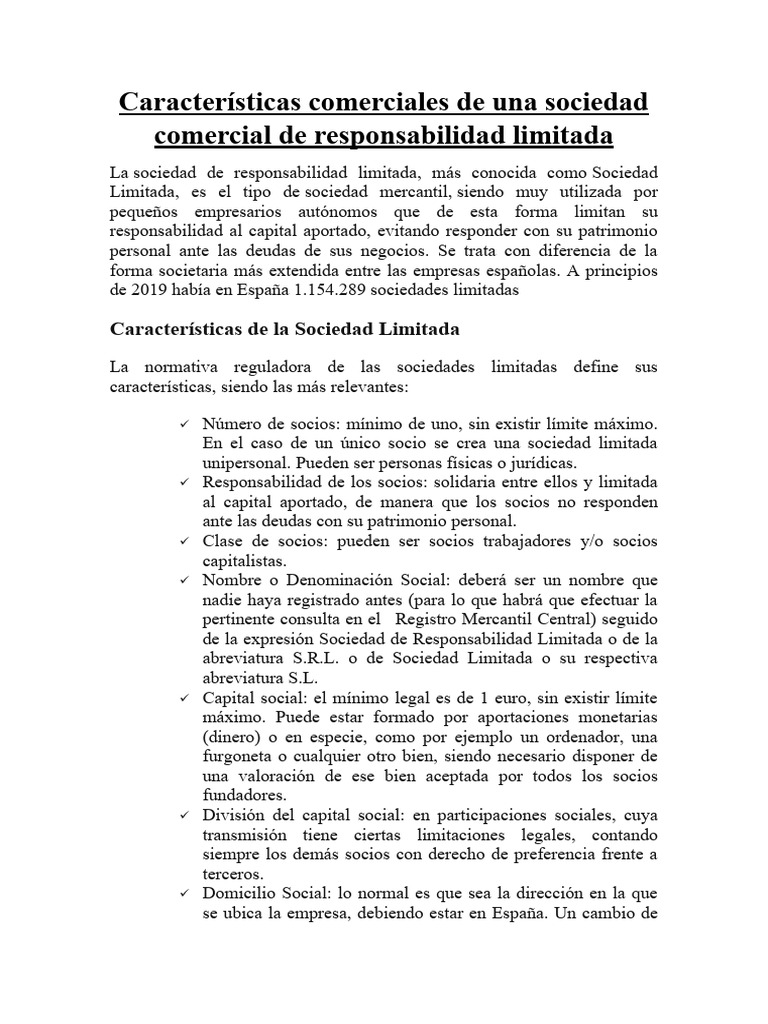 Características Comerciales de Una Sociedad Comercial de Responsabilidad Limitada | PDF ...