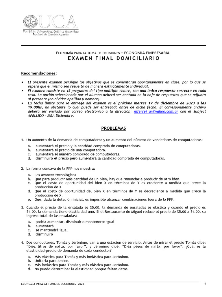 Examen Final Diciembre 2023 MBA | PDF | Monopolio | Oligopolio