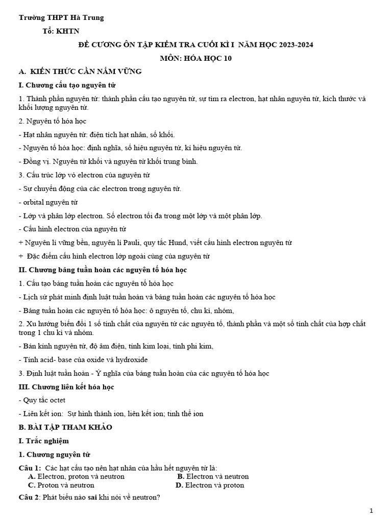 De Cuong Hoa 10 HK 1 | PDF