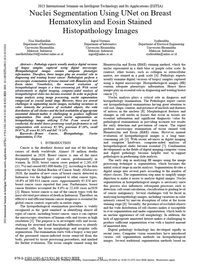 Nuclei Segmentation Using Unet On Breast Hematoxylin And Eosin Stained