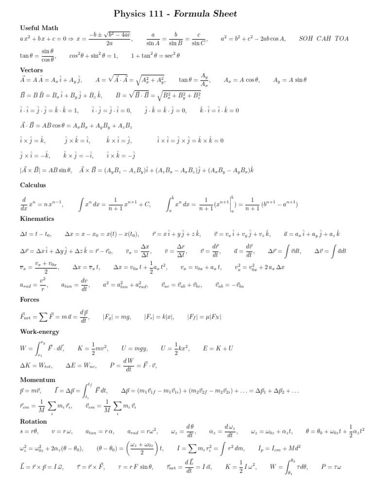 Phys 111 Formula Sheet | PDF