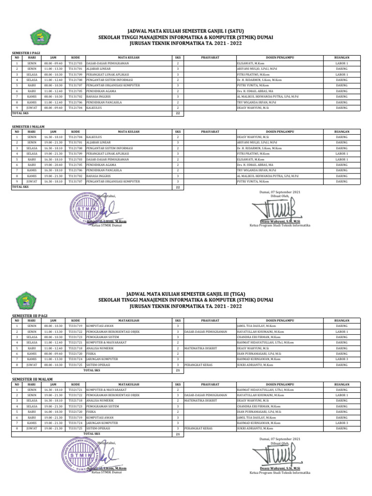 Ti Jadwal Perkuliahan Semester Ganjil 2021 2022 Pdf