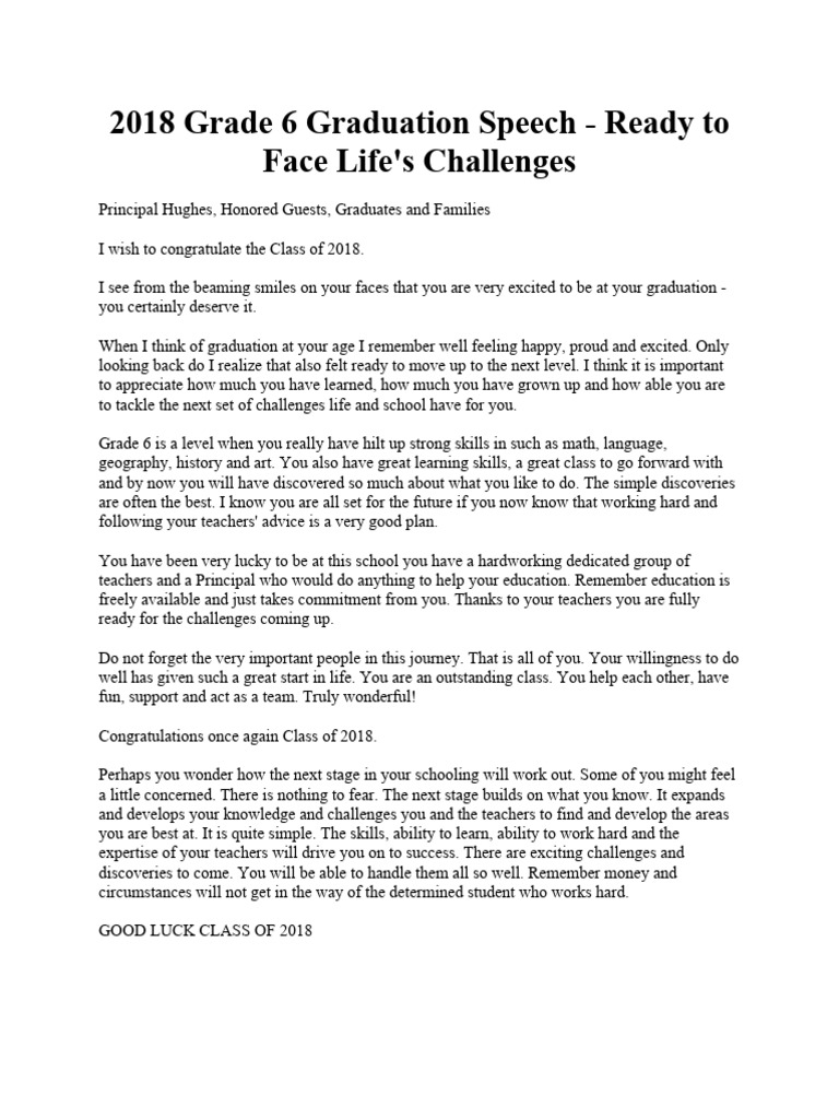 2018 Grade 6 Graduation Speech | PDF