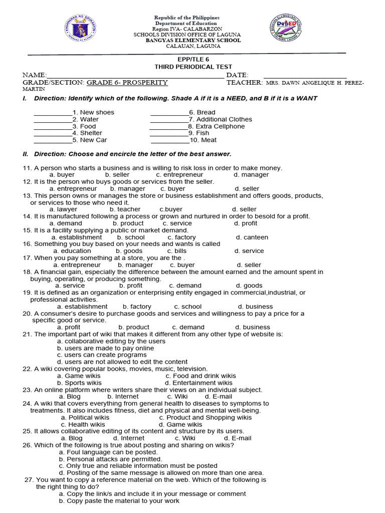 NAME: - DATE: - Grade/Section: Grade 6-Prosperity Teacher | PDF | Wiki | Internet