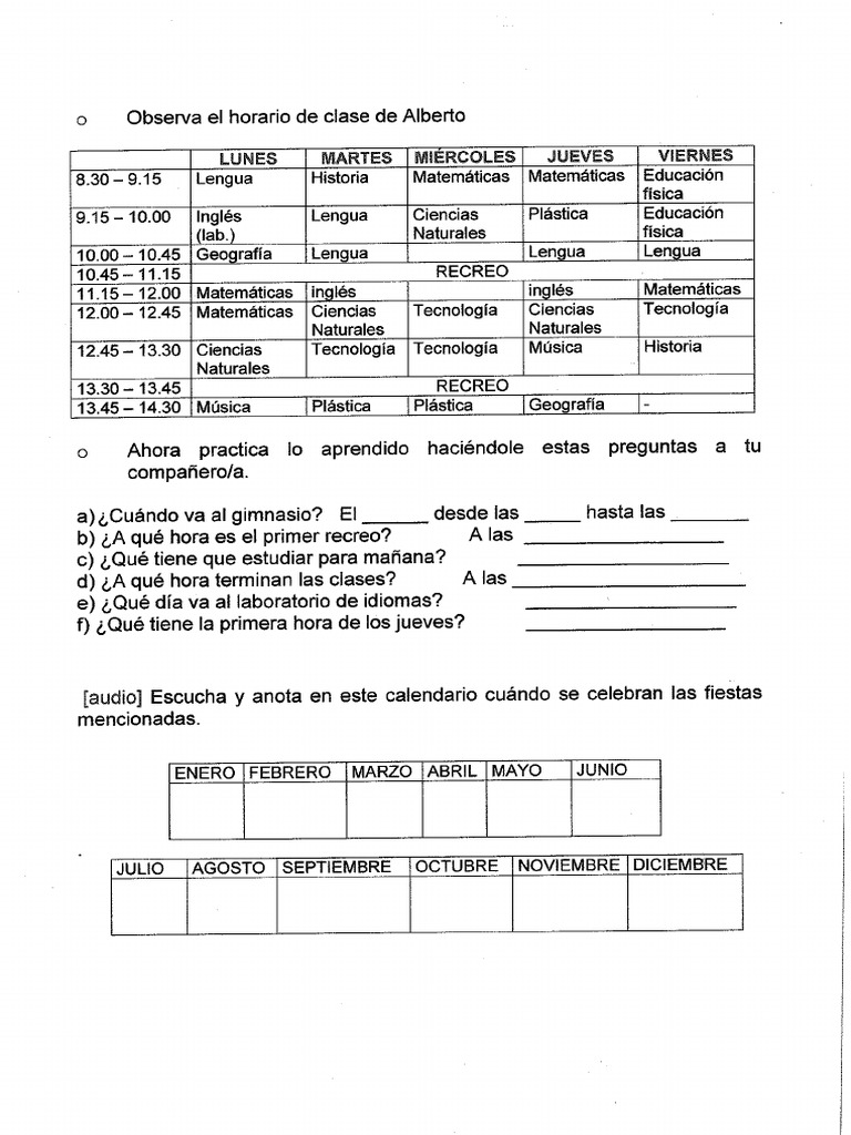 A2 Horarios Días de La Semana Asignaturas Meses | PDF