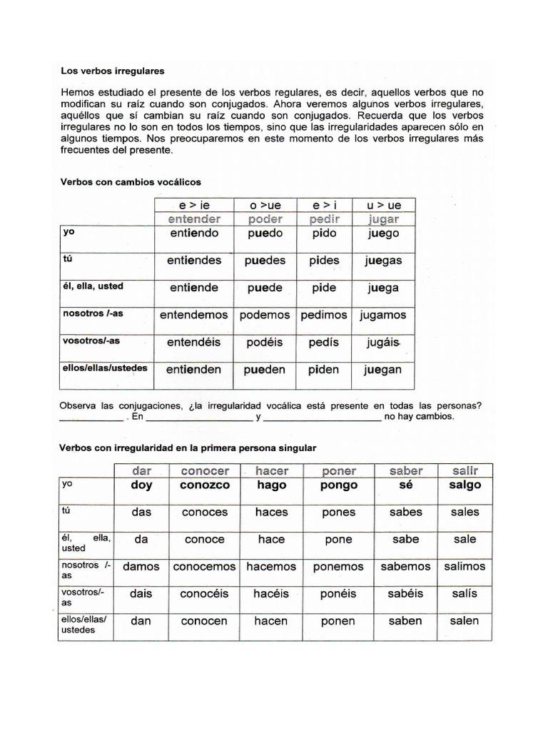A2 - Presente Verbos Irregulares 1 | PDF