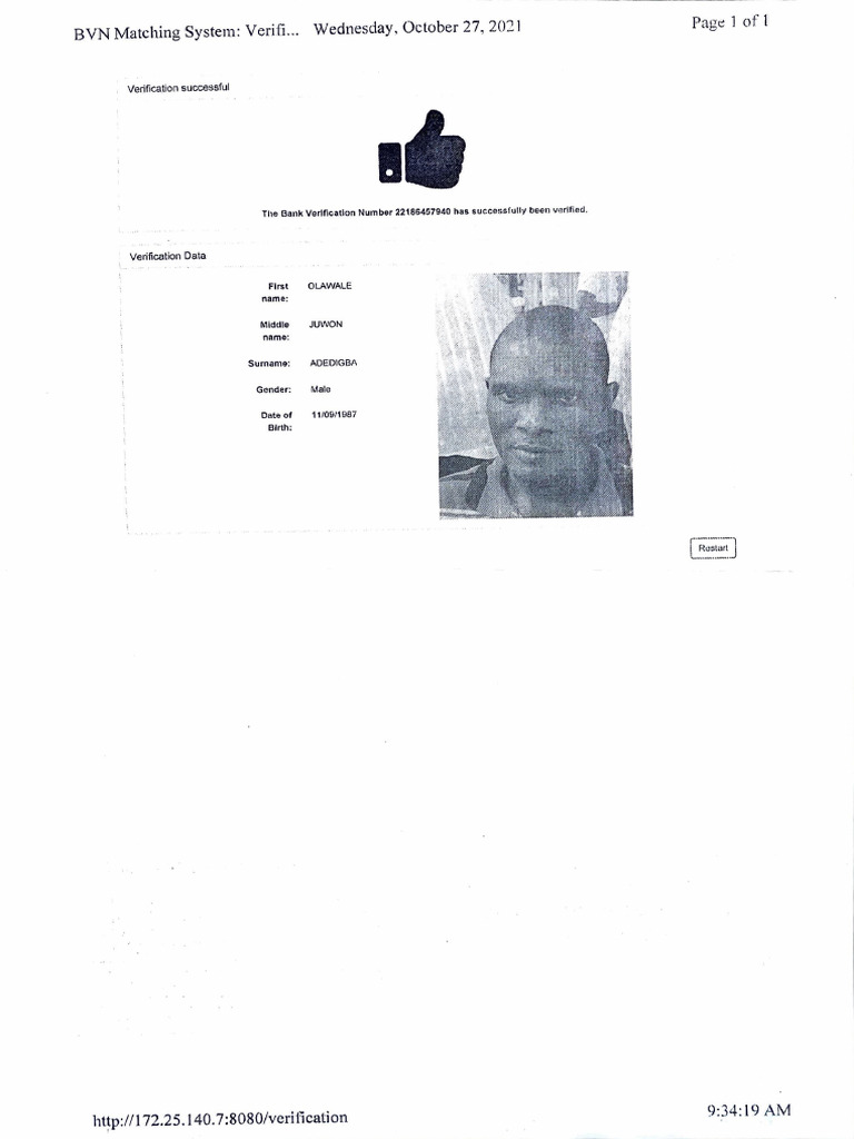 BVN Matching System: Veri:fi... Wednesday, October 27, 2021 | PDF