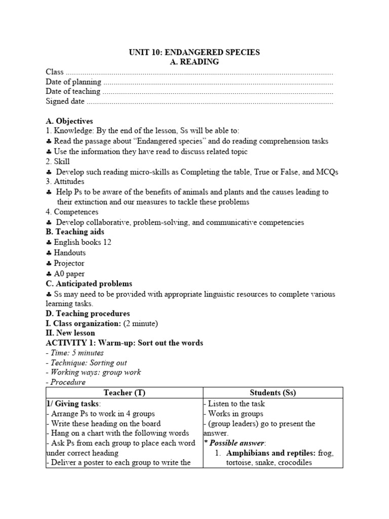 Lesson Plan Grade 12 - Unit 10 - A. Reading | PDF