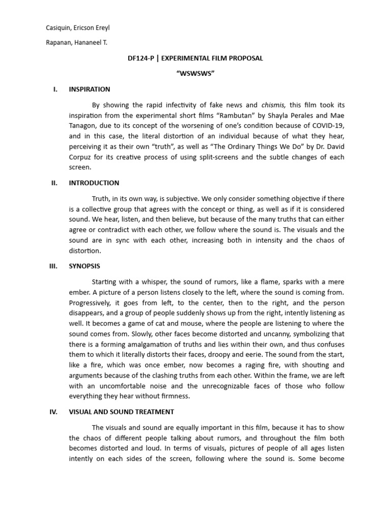 Experimental Film Pitch Proposal Paper | PDF