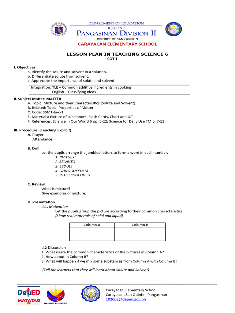 Lesson Plan in Teaching Science 6 1st Quarter | PDF