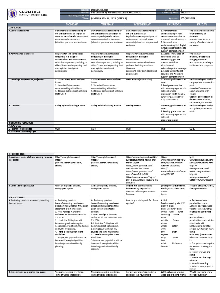 Grade 5 English Lesson Plan | PDF